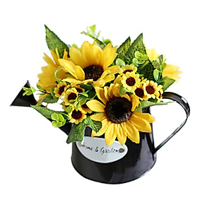 Takefuns Artificial Sunflowers and Metal Kettle Potted, Artificial Sunflowers Bouquet in Pot Bonsai, for Home Office Garden Party Wedding Table Decor