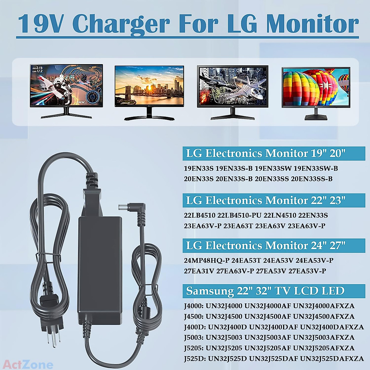 DC 19V Power Supply Ac Adapter for Samsung 32" TV UN32J400 UN32J5003AF UNJ32J5205 LED Monitor, LG Monitor 22" 24" 27" 29" 32" 22LN4510 24EN33 24LH4830 27EA63V-P 34UM69 Cord Tip 6.5mm