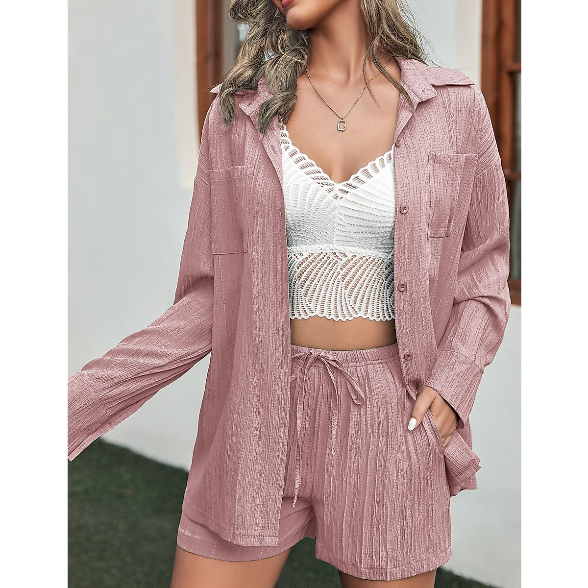 Ekouaer Women's V Neck Lounge Sets Button Down Shirt and Shorts 2 Piece Outfits Loungewear Pajama with Pockets Dusty Rose