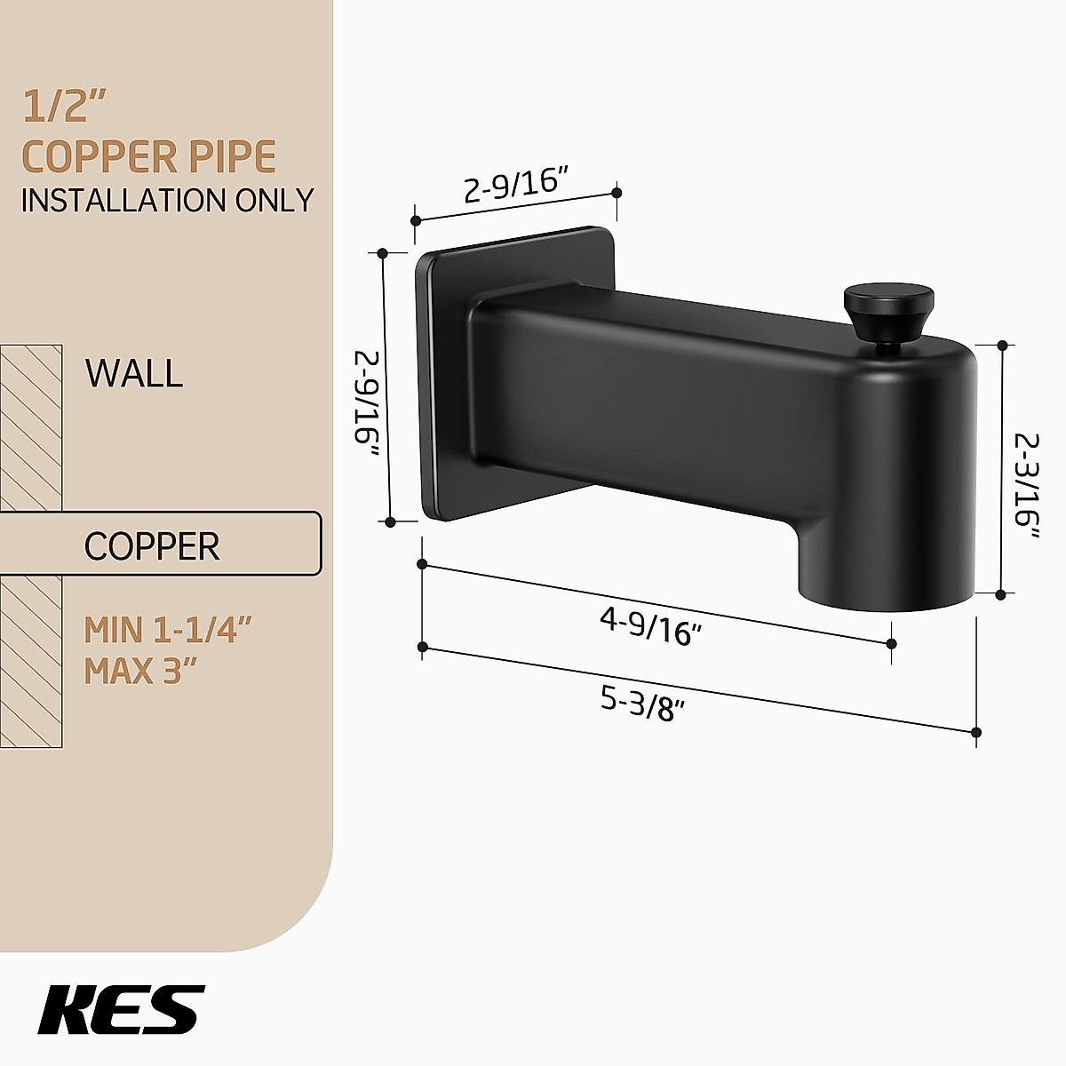 All Metal Tub Spout with Diverter, KES 5-3/8 Inch Bath Tub Faucet Replacement with Stainless Steel Extension Nipple, Black Shower Slip-on Bathtub Faucet for 1/2 Inch Copper Pipe, PTSN300-BK