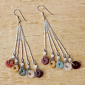NOVICA Artisan Handmade Jade Quartz Waterfall Earrings | .925 Sterling Silver Glass Bead Dangle Earrings | Multi-color Stones Dangle Earring | Handcrafted Jewelry | Earthy Blend Themed Thailand