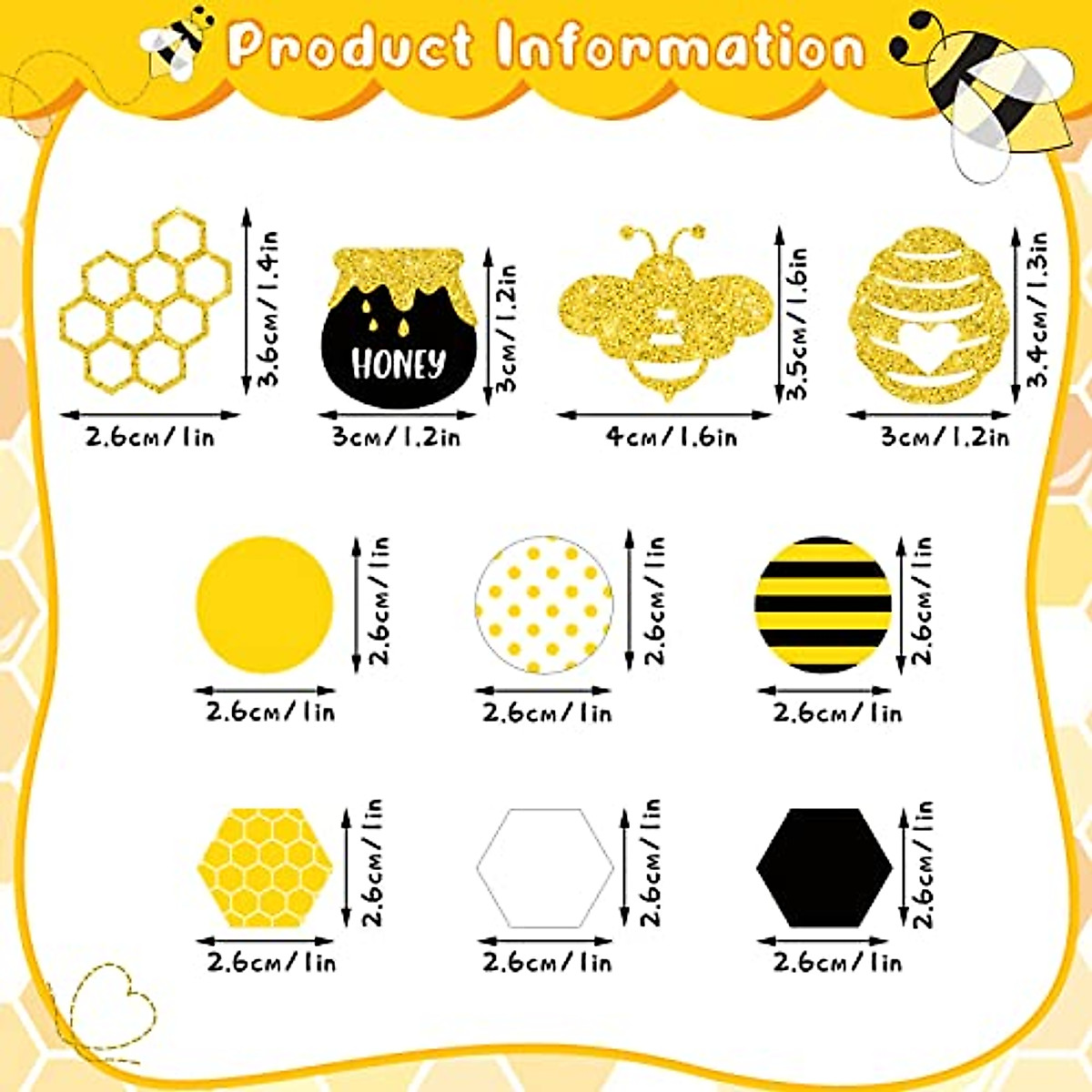 540 Pieces Bee Confetti Gold Glitter Bee Dot Stripes Confetti Yellow Black Circle Confetti Honeycomb Hexagon Confetti for Bee Themed Baby Shower Birthday Table Decoration
