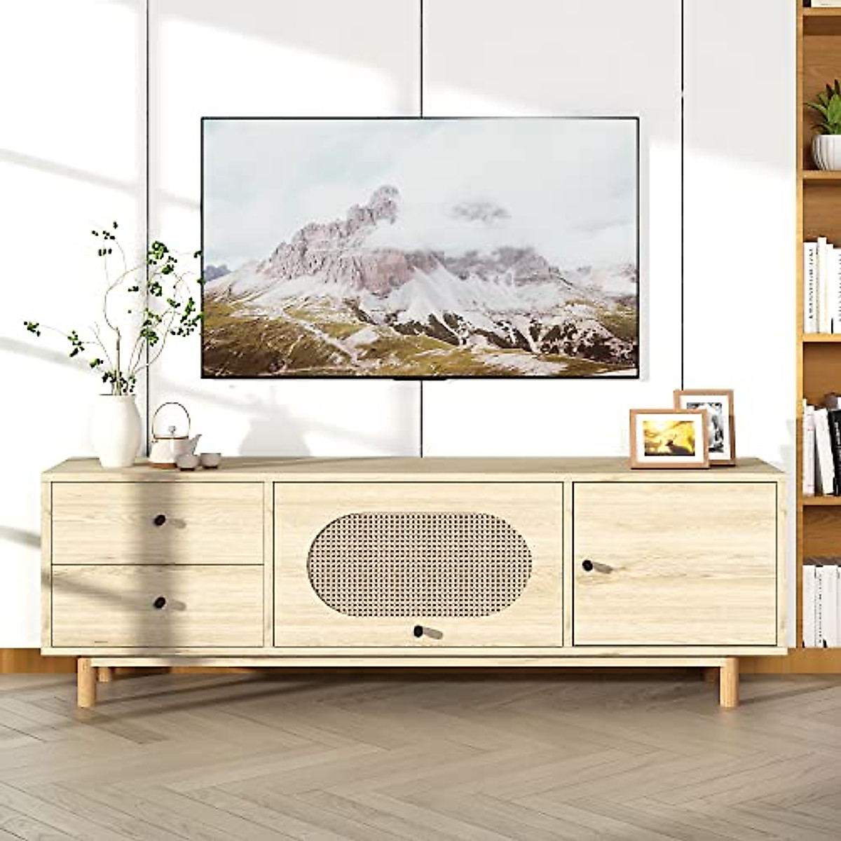 AWQM Rattan TV Stand for 70 Inch TV, Entertainment Center Cabinet with 2 Drawers and Cabinet Storage, Farmhouse TV Console Table for Living Room or Media Room, Oak