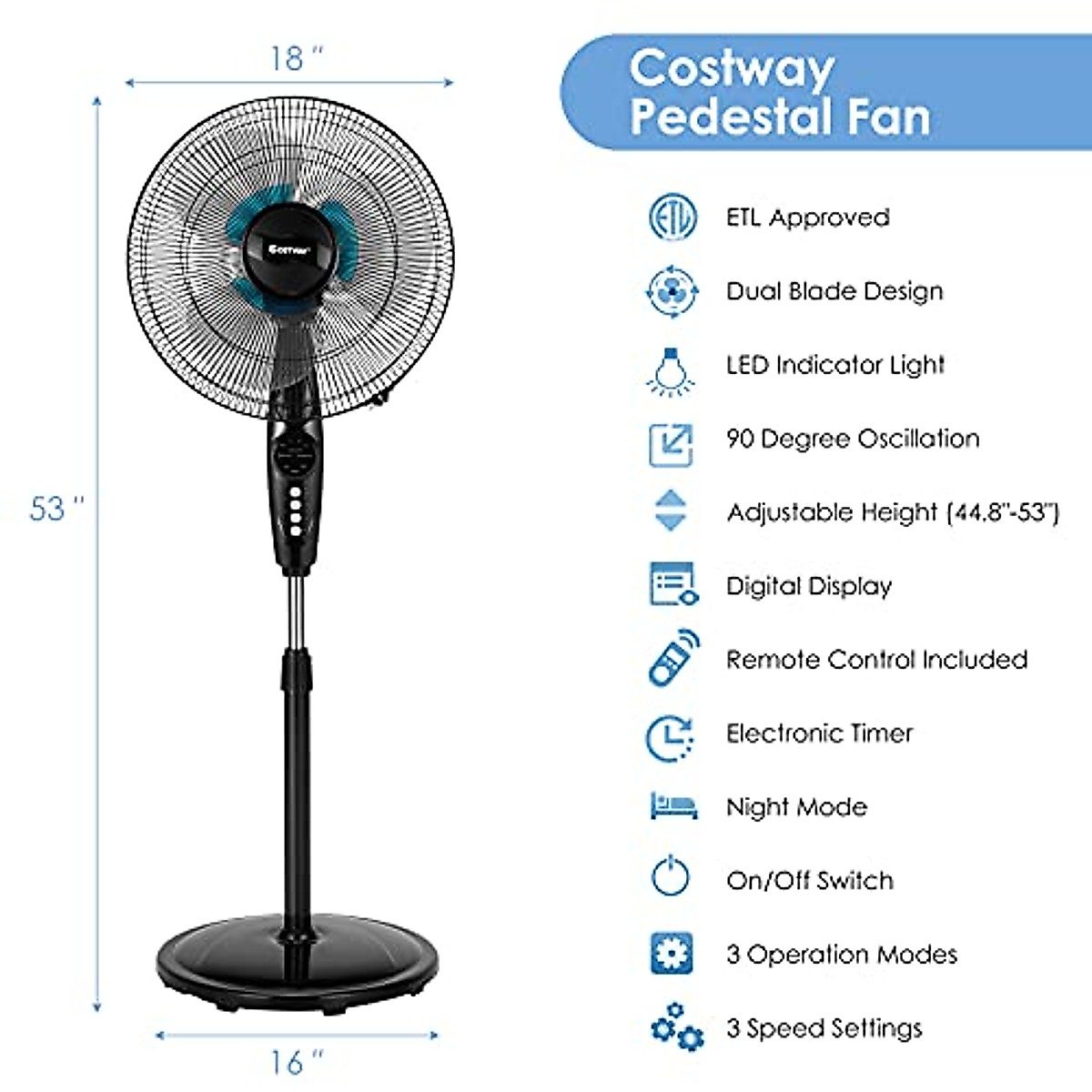 COSTWAY Pedestal Fan, 18-Inch Adjustable Height Fan, 3-Speed Digital Control, Timer, LCD Display, Double Blades, Remote Control, Quiet Oscillating Stand Fan for Home, Office, Bedroom