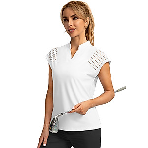 Soothfeel Women's Golf Shirt Cap Sleeve V Neck Polo Shirts Lightweight Quick Dry Workout Tennis Shirts Tops for Women(White, L)