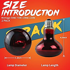 LUCKY HERP 2 Pack 100W Reptile Heat Lamp Bulb, Amphibian Infrared Basking Spot Light Bulb for Turtle, Bearded Dragon, Lizard, etc