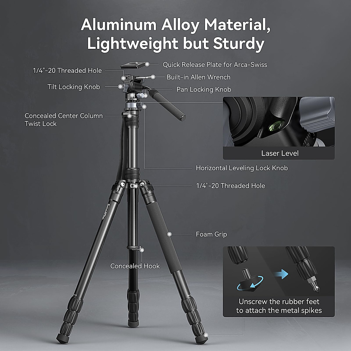 SmallRig CT190 Professional Video Tripod, 72" Camera Tripod with Leveling Base, Monopod Conversion, Video Tripod for Travel, Video and Vlogging, with Carry Bag, Load up to 8.8 lbs/4 kg - 4319