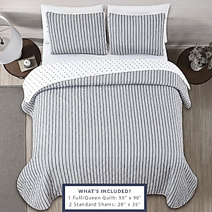 Market & Place 3 Piece Reversible Quilt Set with Shams | All-Season Soft & Lightweight Bedspread with Modern Striped Pattern | Nora Collection (Full/Queen, White/Grey)