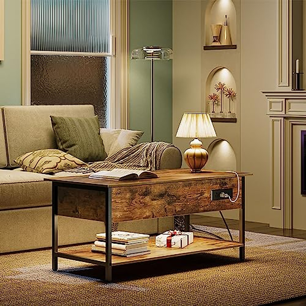 HOOBRO Lift Top Coffee Table, Coffee Table with Charging Station, Coffee Table with Lift Top and Power Outlet, Center Table for Living Room, Office, Reception Room, Rustic Brown and Black BF05UKF01