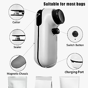Buddeez Mini Sealer and Cutter, Upgraded 2-in-1 Hand-Held Tthermal Vacuum Sealer, USB Rechargeable, Portable Sealer Kitchen Gadget (White)