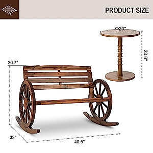 FURNDOOR Outdoor Rocking Chair with Table - Wooden Wagon Wheel Rocking Chairs Patio Double Rocker Chair Wood Patio Bistro Set for Porch Bench, Rustic