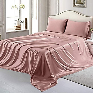 Queen Comforter - 5 Pieces Satin Queen Size Comforter Set (Comforter + Flat + Fitted 14'' + 4 Pillowcases) 400 GSM Salmon Comforter Duvet Insert Satin Comforter Set with Sheets