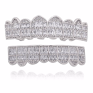 LuReen Gold Teeth Grillz Square Pave CZ 8 Teeth Top Bottom Man Women Grillz Diamonds Grillz+ 2 Extra Molding Bars for Halloween Costume Cosplay