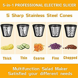 Homdox Electric Cheese Grater 5 in 1 Professional Electric Shredder Vegetable silcer 150W One-Touch Control Salad Maker for Cheese, Chocolate, Fruits, Vegetables