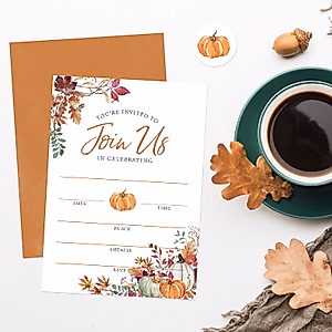 Whaline Fall Invitations 25 Sets Autumn Leaves Pumpkin Invitation Cards with Envelopes Stickers Rustic Harvest Blank Invites for Thanksgiving Wedding Birthday Baby Shower, 5 x 7 Inch