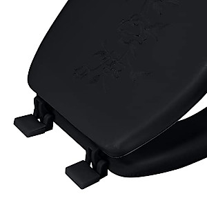 Bath Bliss Extra Soft Standard Round Toilet Seat | Decorative Vinyl Lid | Fits 16.5” Seats | Adjustable Quick Screw Attach Non-Slip Hinges | Bathroom | Black