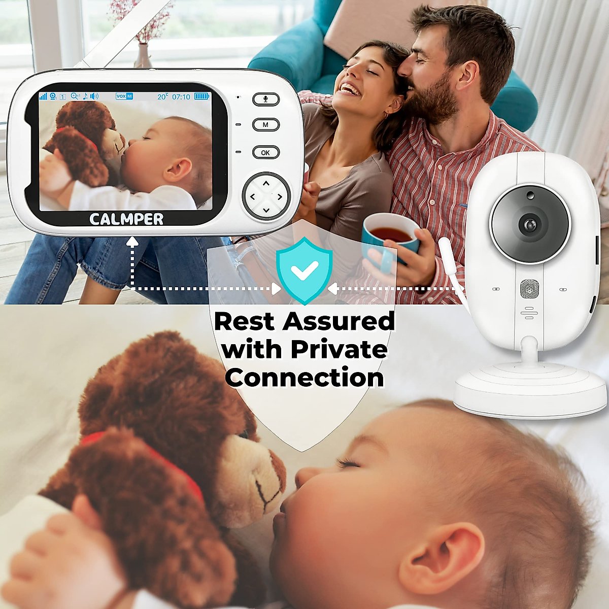 CALMPER Camper Video Baby Monitor with Camera and Audio - 3.5” Non WiFi Baby Monitor Camera with up to Overnight 2000mAh Battery - 1000ft VOX Long Range Baby Monitor No WiFi (2000mAh+FlexMount)