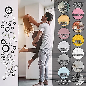 Outus 72 Pieces Wall Stickers Acrylic Circle Mirror Removable Round Dots Mirror Wall Decoration Wall Decals Murals for Home Living Room Bedroom Decor(Silver, Black)