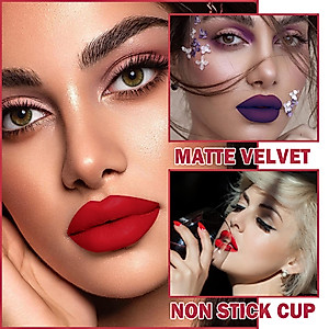 CAHIUYOA 3Pcs Dark Black Blue Purple Matte Liquid Lipstick Lip Stain Lip Gloss Makeup Set,DNM Non Stick Cup Long Lasting Smudge Proof Waterproof Lipstick labial mate larga duracion 24 (Set07)