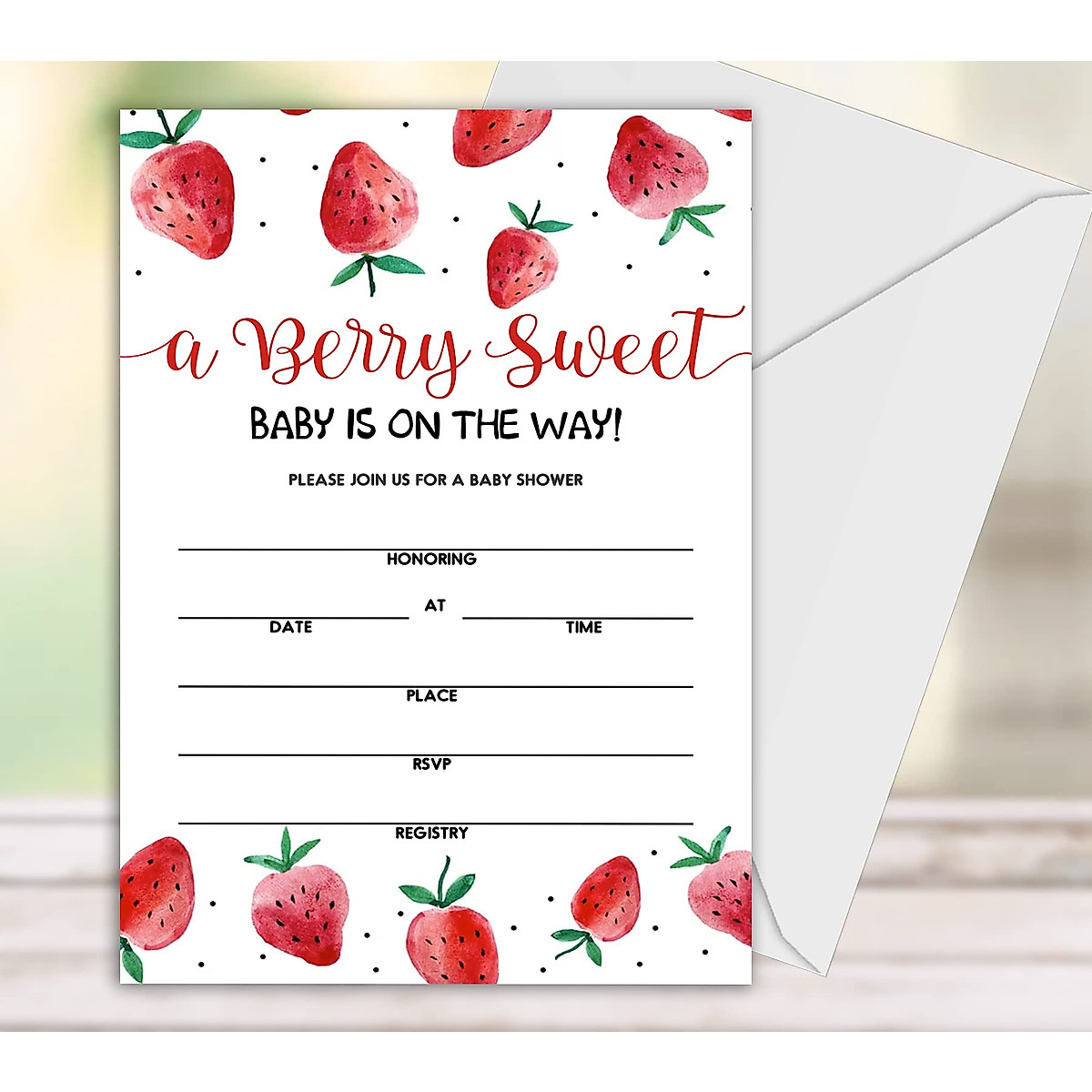 Baby Shower Invitations, Berry sweet Fill In Invites Cards wih Envelopes, Strawberry, Set of 25.