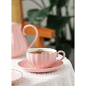Amazingware Royal Tea Cups and Saucers, with Gold Trim and Gift Box, British Coffee Cups, Porcelain Tea Set, Set of 6 (8 oz)- Pink