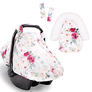 Car Seat Cover & Carseat Headrest Strap Covers for Babies, Summer Cozy Sun & Warm Cover, Flower