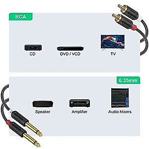 J&D Dual 1/4 inch TS to Dual RCA Stereo Audio Interconnect Cable, Gold Plated Audiowave Series 2X 6.35mm Male TS to 2 RCA Male Stereo Audio Adapter with PVC Shelled Housing and Nylon Braid, 6 Feet