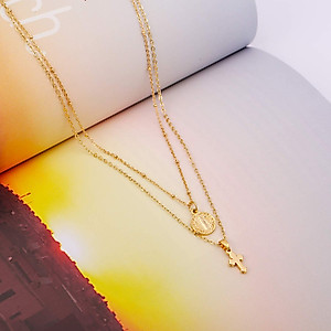 Dainty Tiny 18K Gold St Benedict Medals Layered Cross Necklace for Women Delicate Simple Cute Coin Pendant Statement Double Layering Chain Necklaces Evil Protection Religious Jewelry Catholic Gifts