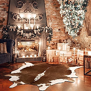 HOMORE Cowhide Rug, Cute Cow Print Rug for Living Room Faux Cow Hide Animal Print Carpet for Bedroom Office Table, 4.6 x 5.2 Feet, Khaki Brown