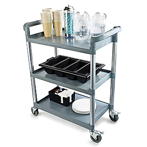 New Star Foodservice 54545 250-Pound Plastic 3-Tier Utility Bus Cart with Locking Casters, 32" x 16" x 38", Gray