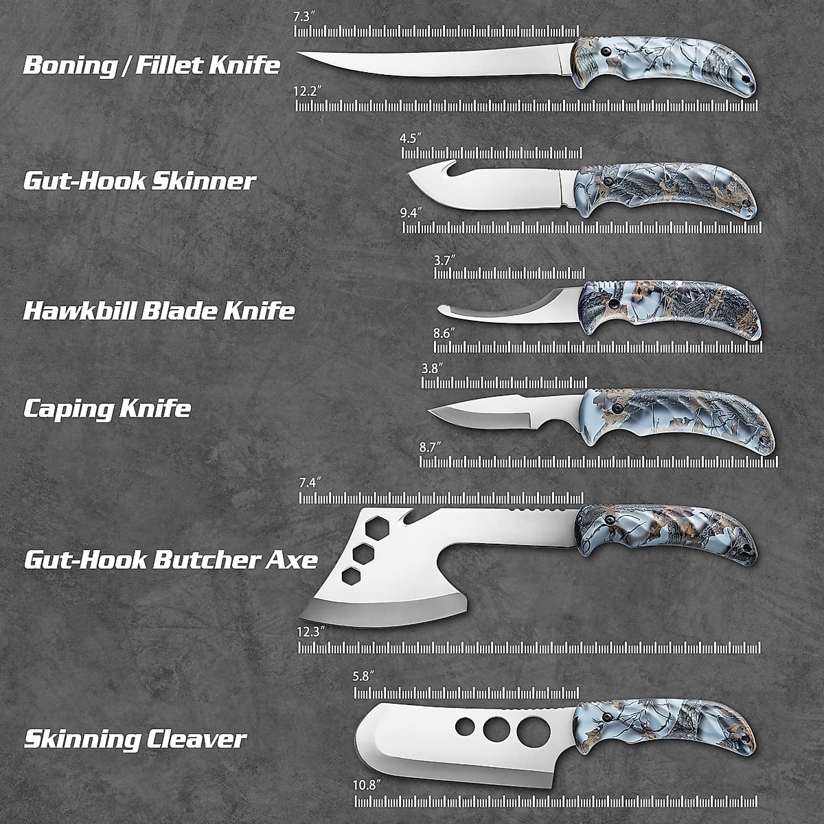 KNINE OUTDOORS Hunting Deer Knife Set Field Dressing Kit Portable Butcher Game Processor Set, 12 Pieces