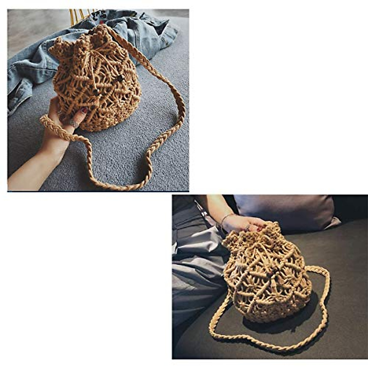 Losip-cc Women's Bucket Drawstring Handbag Straw Shoulder Bag Straw Weave Crossbody Handbag Beach Bags