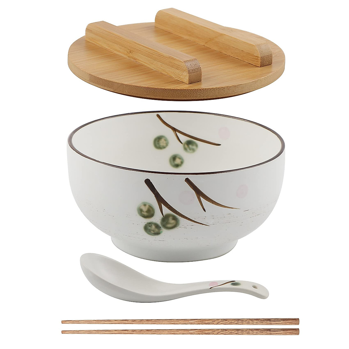 Yeking Japanese Vintage Noodle Bowl with Lid Spoon Black Ceramic Ramen Bowl Hand Drawn Rice Bowl Retro Tableware Noodle Bowl 6.5 inch, A