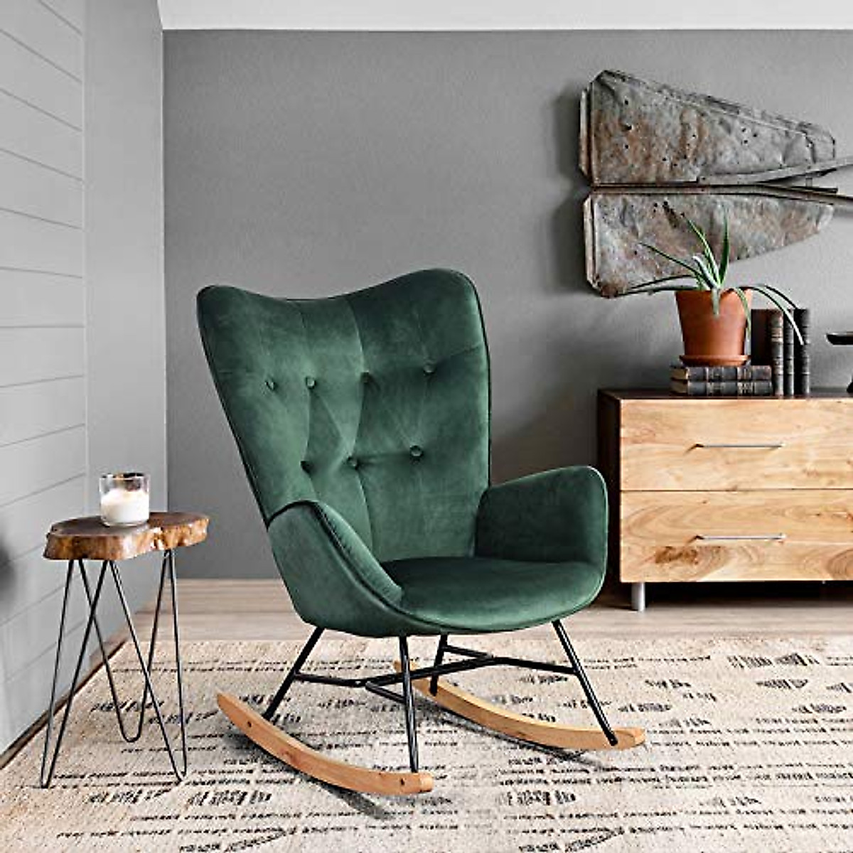 FurnitureR Rocking Wooden and Metal Rocker Glider, Scandinavian Fabric Armchair Comfy Side Living Room Bedroom Studio Leisure Office Accent Chair, Green