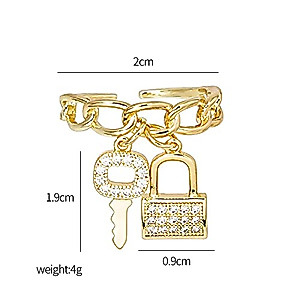 GANGYUN Open Zircon Crystal Lock Key Padlock Cuff Finger Rings for Women Adjustable Punk Infinty Chain Rings Jewelry (Gold)