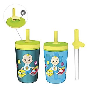 Zak Designs CoComelon Kelso Tumbler Set, Leak-Proof Screw-On Lid with Straw, Bundle for Kids Includes Plastic and Stainless Steel Cups with Bonus Sipper (3pc Set, Non-BPA), 15 fluid ounces