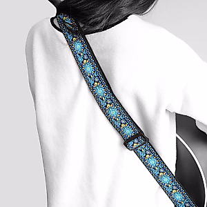 Guitar Strap, Vintage Embroidered Cotton Strap with Genuine Leather Ends for Acoustic and Electric Guitar, Bass Guitars