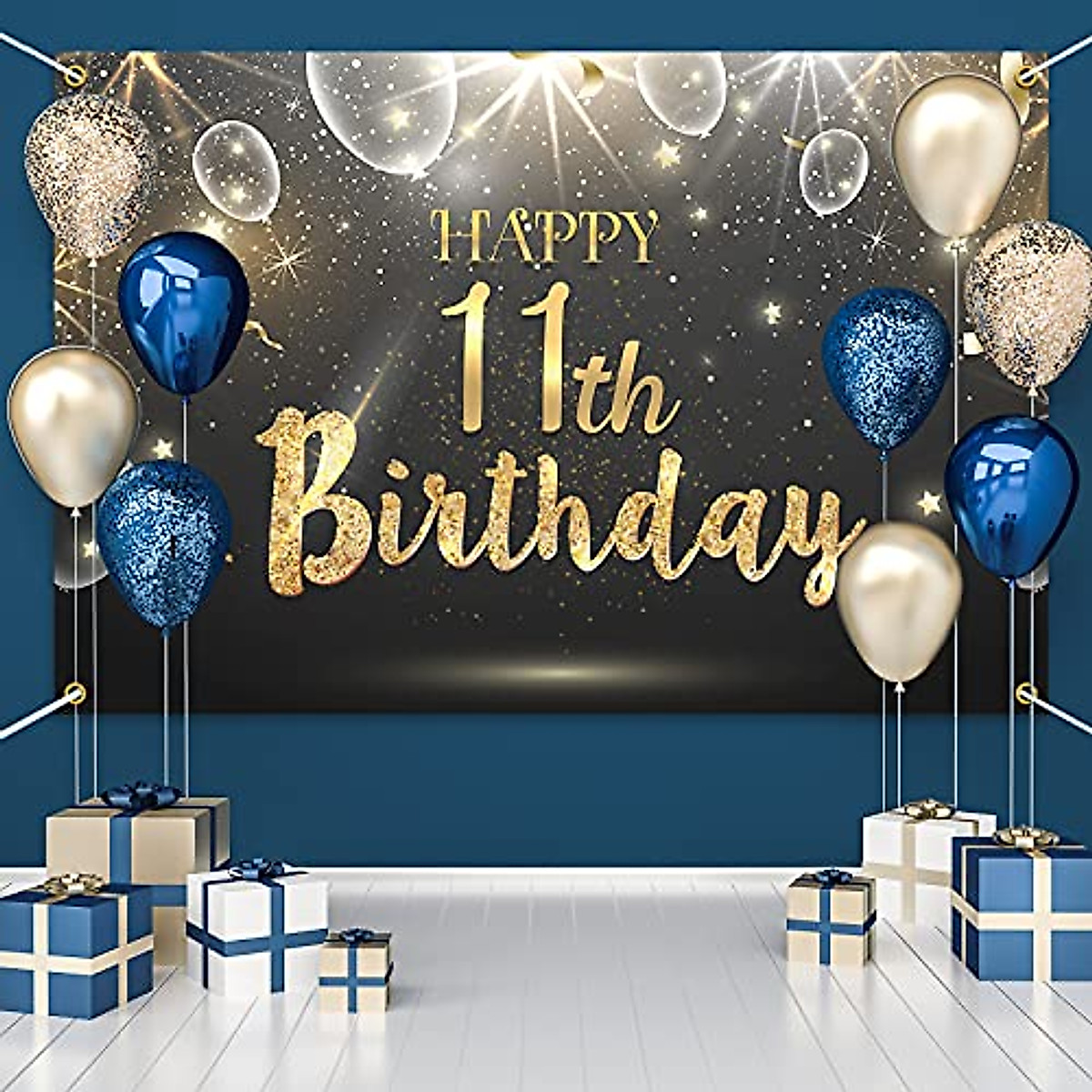 HAMIGAR 6x4ft Happy 11th Birthday Giltter Shinning Banner Backdrop - 11 Years Old Birthday Decorations Party Supplies for Girls Boys - Black Gold