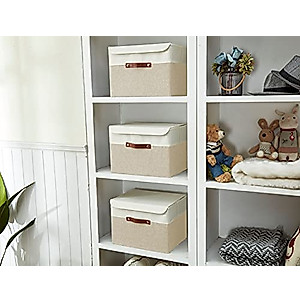 DECOMOMO Foldable Storage Bin with Lids [3-Pack] Collapsible Sturdy Cationic Fabric Storage Basket Box Container W/Handles for Organizing Shelf Nursery Linen (Beige and White, 15 x 11 x 11” – 3 Pack)