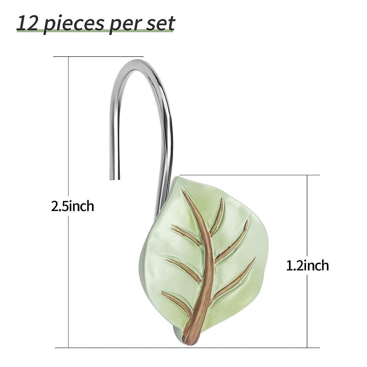 MitoVilla Plant Leaves Decorative Shower Curtain Hooks, Green Tropical Botanical Shower Hooks for Tree Leaf Shower Curtain & Liner, Rust Proof Eucalyptus Shower Curtain Rings, 12 PCS