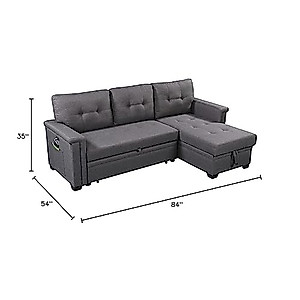 ERYE L-Shaped Corner Sleeper Sectional Couch Bed Linen Upholstery Sofa w/Reversible Storage Chaise,USB Charging Ports and Side Pocket for Home Apartment Office Living Room Furniture Sets, Dark Gray