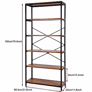 BATHWA Bookshelf, 6-Tier Industrial Bookshelves, Wood and Metal Bookcase, Free Standing Storage Vintage Bookshelf for Living Room, Bedroom and Home Office, Rustic Brown