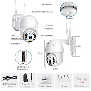 Pan Tilt Outdoor Security Camera, 1080P Home WiFi IP Camera, Pan Tilt Dome Surveillance Cam, Two Way Audio Motion Detection Clear Night Vision Onvif Waterproof CCTV Camera Support Max 128G SD