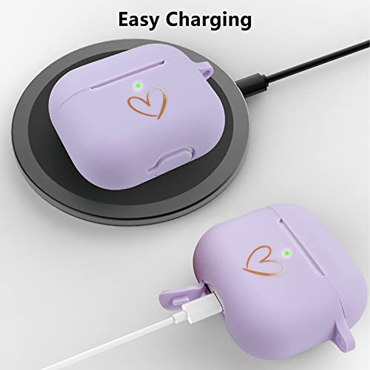 AIIEKZ Compatible with AirPods 3 Case Cover 2021, Cute Soft Silicone Case with Gold Heart Pattern for AirPods 3rd Generation Case with Fur Ball Pom Pom Keychain for Girls Women (Lavender Purple)