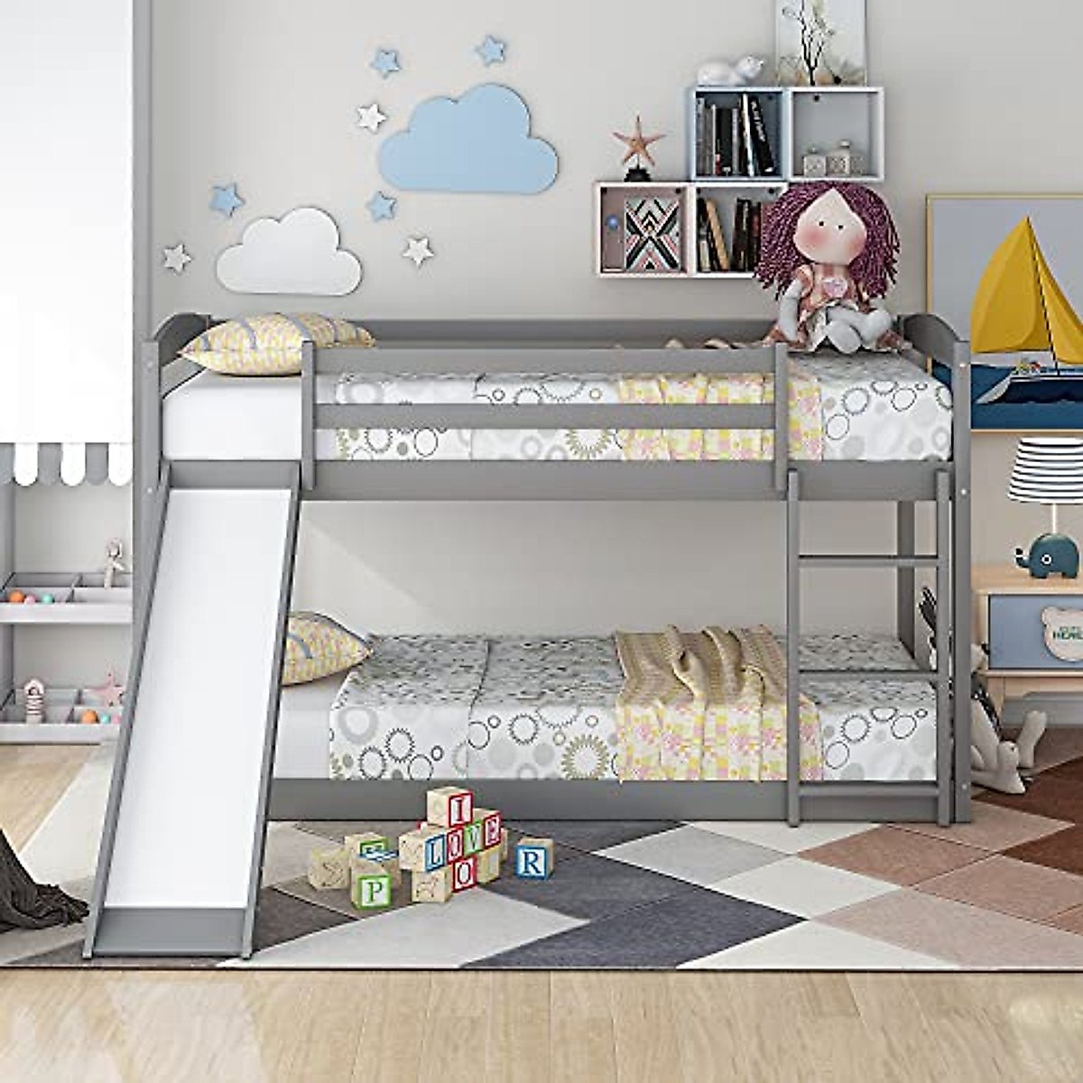 TARTOP Twin Over Twin Bunk Bed with Convertible Slide and Ladder,Solid Pinewood Frame, Low Bunk Bed w/Safety Guardrails,Suitable for Kids/Teen,No Box Spring Needed,Gray