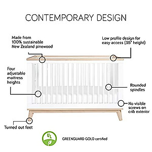 Babyletto Scoot 3-in-1 Convertible Crib with Toddler Bed Conversion Kit in White and Washed Natural, Greenguard Gold Certified
