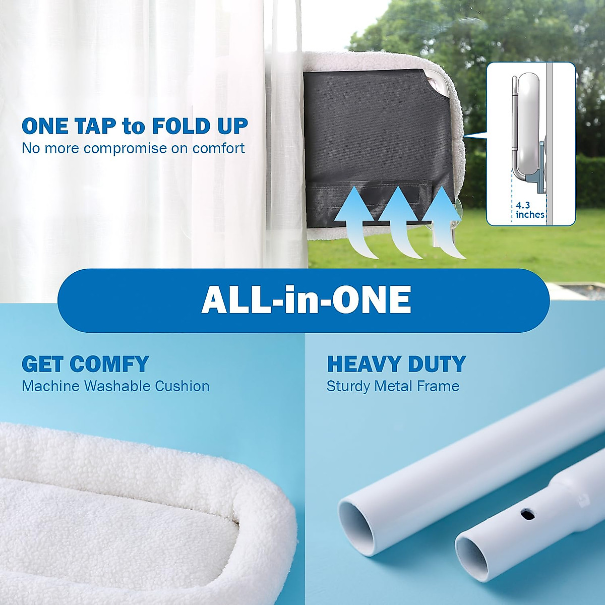 Zakkart Foldable Cat Hammock for Window - Cordless, Embeded Machine Washable Padded Bed, Robust Metal Frame - Cat Window Perch for Large Cats and Kittens (White Bolster Bed, Medium)