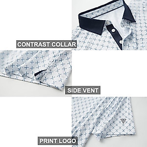 Golf Shirts for Men Dry Fit Short Sleeve Print Performance Moisture Wicking Polo Shirt White