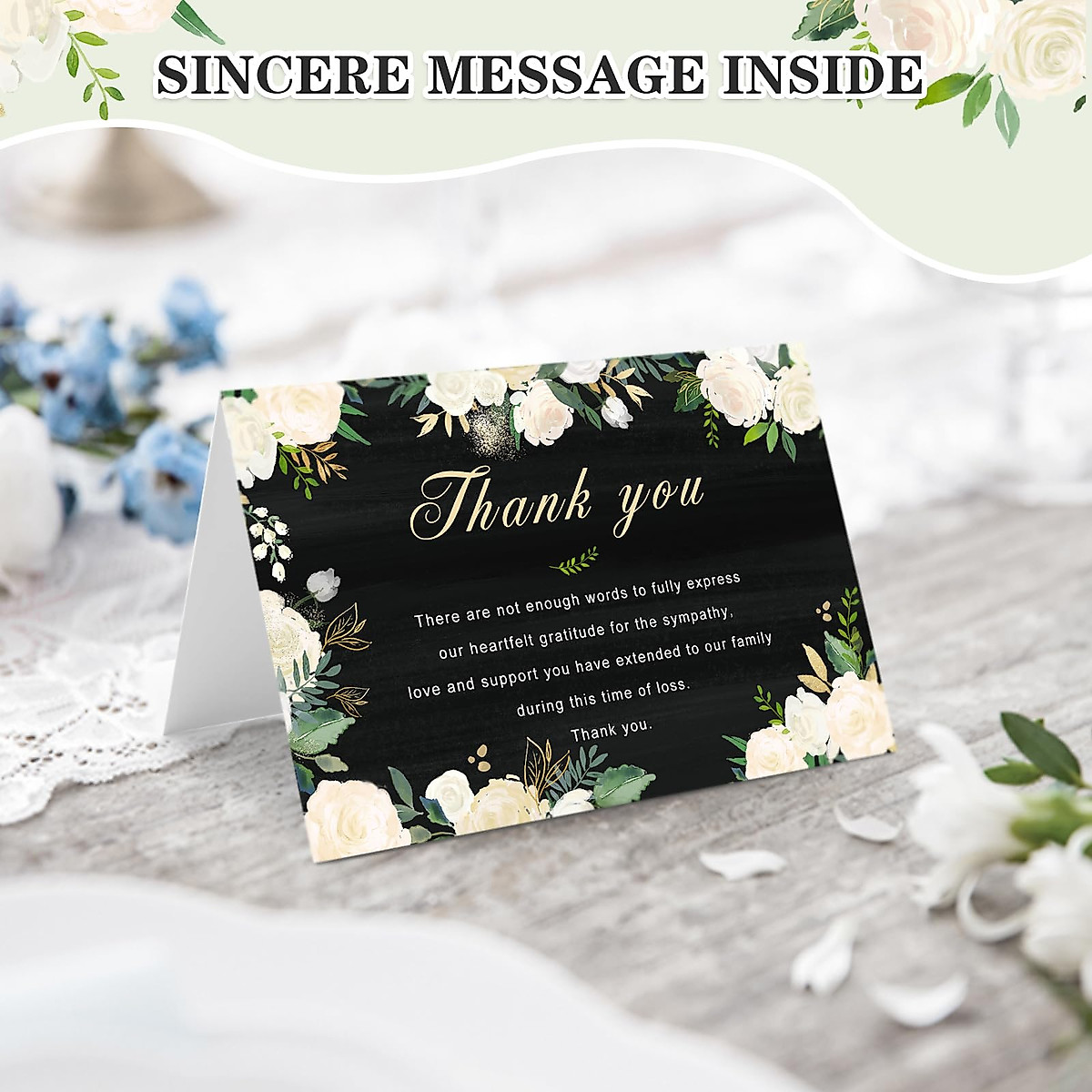 BYBOUS 25 Pack Black Funeral Thank You Cards with Envelopes, 4×6In Watercolor Flowers Sympathy Bereavement Thank You Card on the Inside for Funeral Memorial Family Loved Ones Celebration of Life