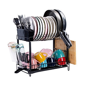 SUNNOW Nuovoo Dish Drying Rack, Black 2 Tier Dish Drainer, Over The Sink Utensil Holder, Cup Cutting Board Holder, Large Rust-Proof Storage Organizer with Adjustable Water Outlet for Kitchen Counter